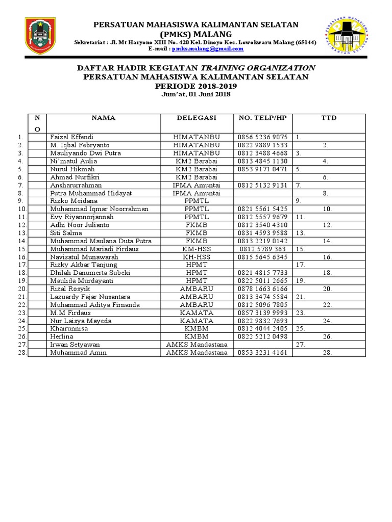 Absen Training Organization PMKS 2018 | PDF