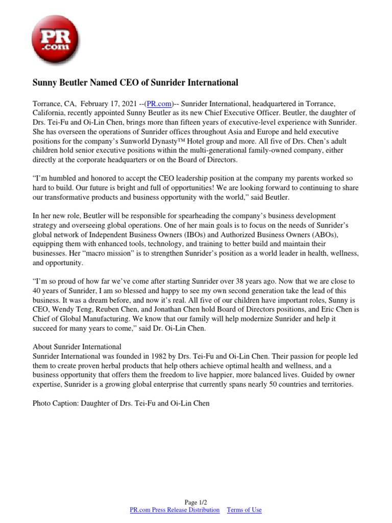 Sunny Beutler Named CEO of Sunrider International | PDF | Chief ...