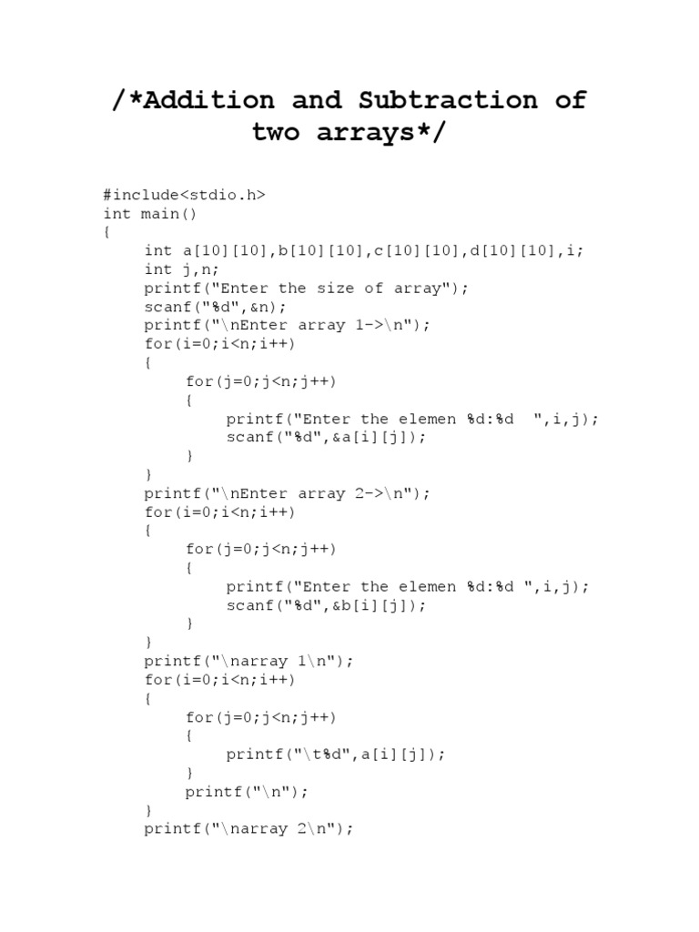 Addition and Subtraction of Two Arrays | PDF