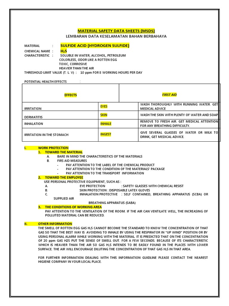 MSDS H2S English - Indo | PDF | Chemical Substances | Occupational ...