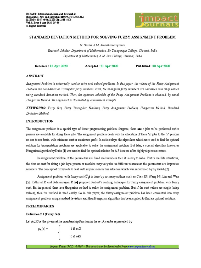 IJRHAL-frmat-Standard Deviation Method For Solving Fuzzy Assignment Problem (Reviewed) | PDF ...