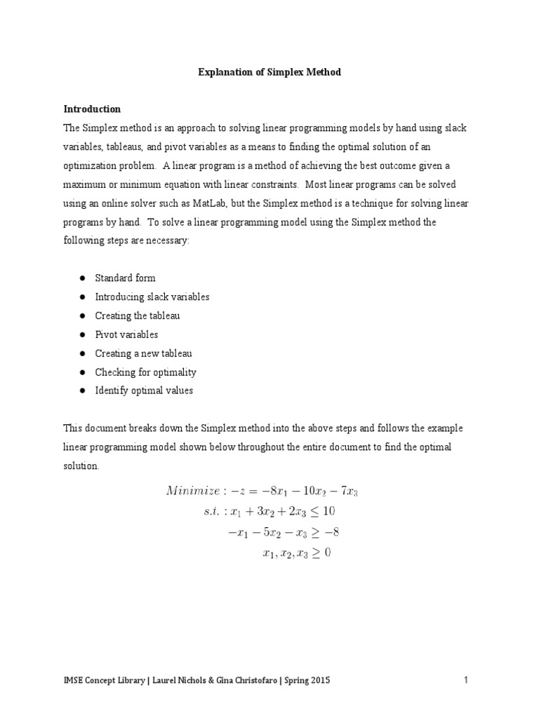 Explanation Of Simplex Method Pdf Linear Programming Mathematical Optimization