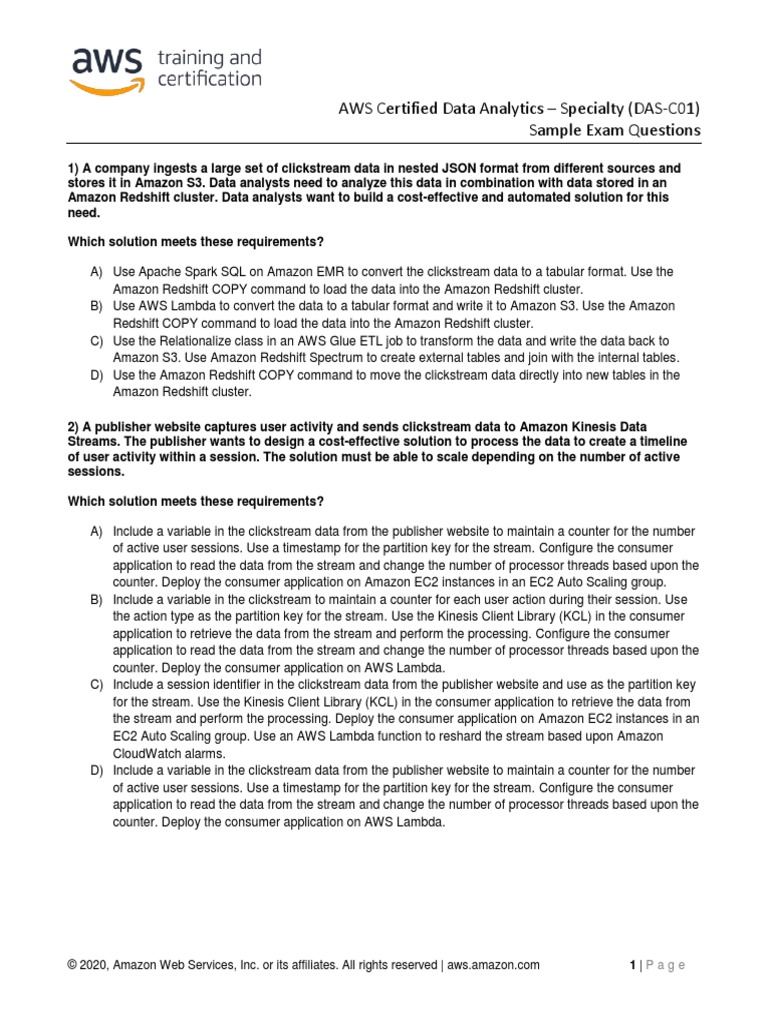 AWS Certified Data Analytics - Specialty (DAS-C01) Sample Exam ...