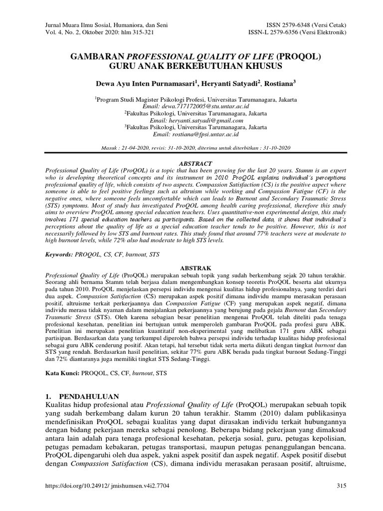 Gambaran Professional Quality of Life (Proqol) Guru Anak Berkebutuhan Khusus | PDF | Working ...