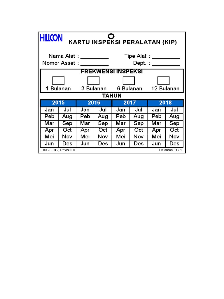 HJS - She.f-057, Rev.0.0 - Kartu Inspeksi Peralatan (KIP) | PDF