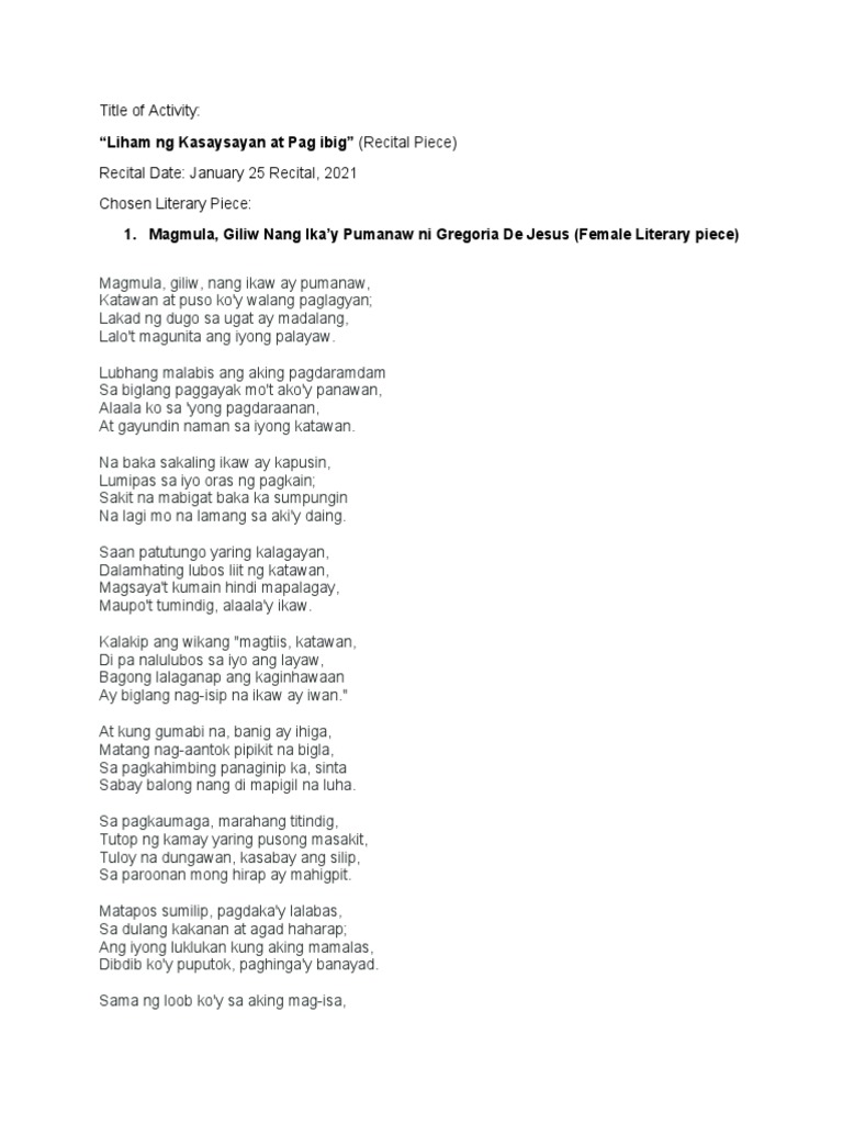 Liham NG Kasaysayan at Pag Ibig Recital Piece | PDF