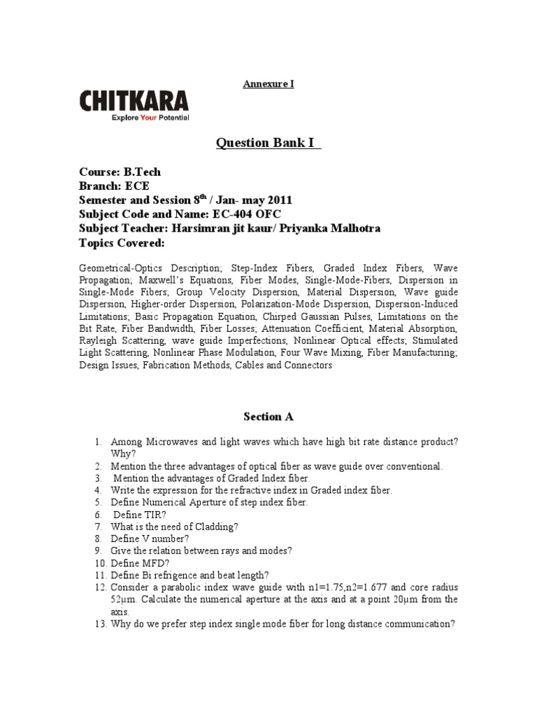 OFC Question Bank | PDF | Optical Fiber | Dispersion (Optics)