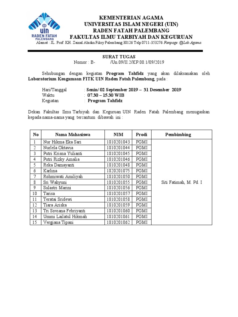 Surat Tugas Tahfidz 2018 Revisi | PDF