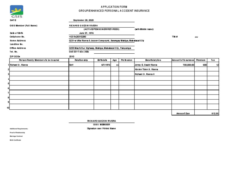 Application Form Group/Enhanced Personal Accident Insurance | PDF