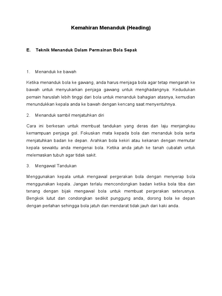 Kemahiran Menanduk (Heading) : E. Teknik Menanduk Dalam Permainan Bola ...