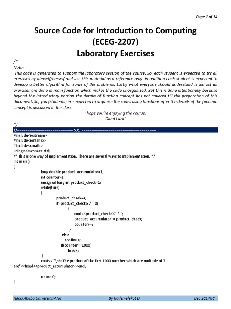 Solution To Source Code For Introduction To Computing (Solution For Laboratory Exercises 5-7 ...
