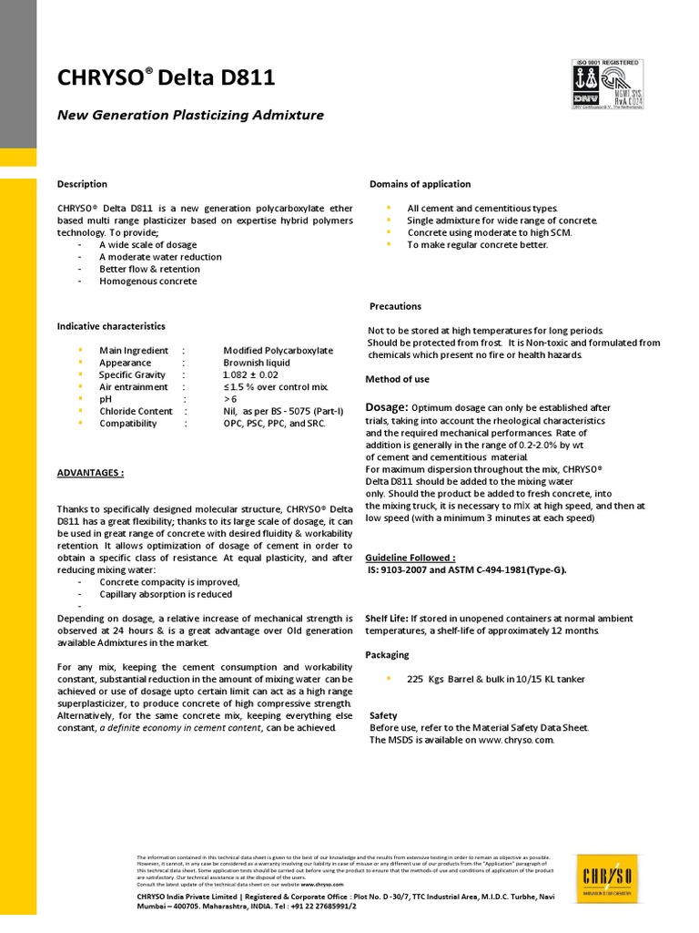Chryso Delta D811: New Generation Plasticizing Admixture | PDF ...