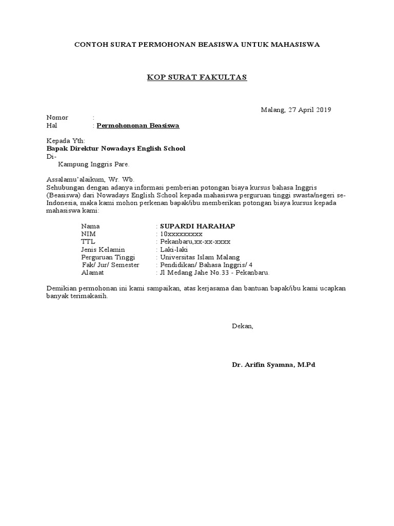 Contoh Surat Permohonan Beasiswa Dan Formulir | PDF