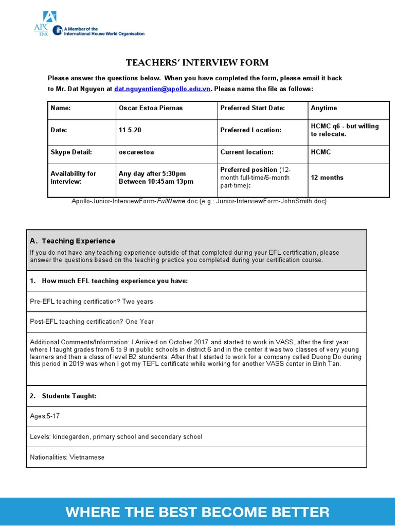Teachers' Interview Form: Dat - Nguyentien@apollo - Edu.vn | Download ...