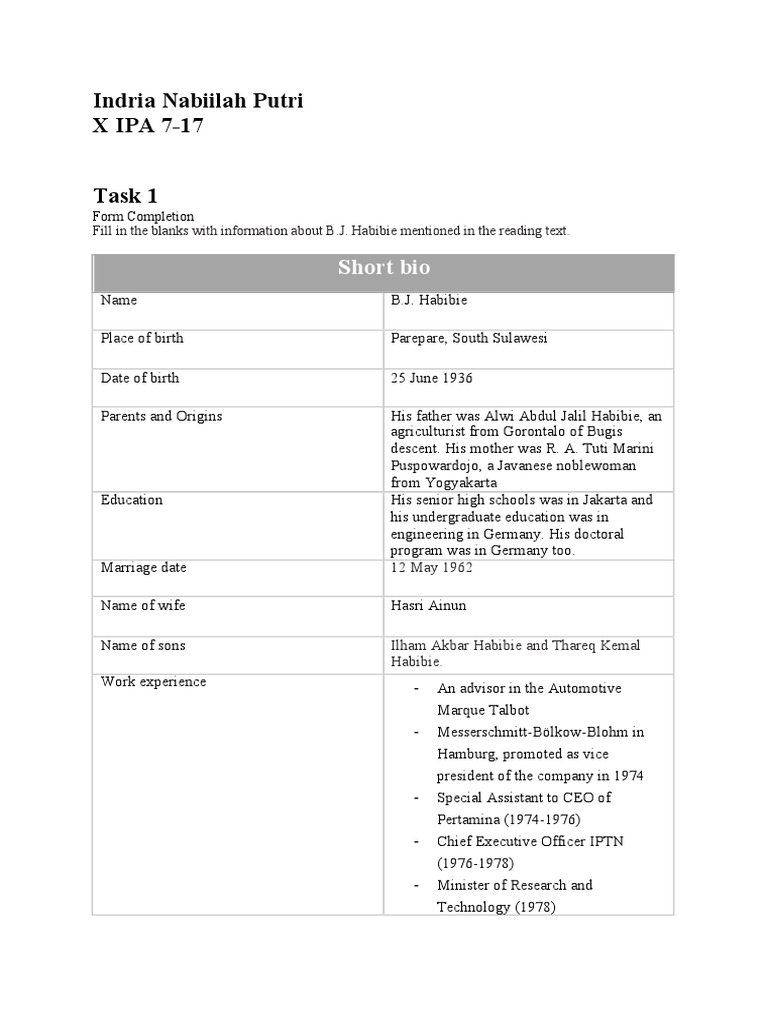 Task 1 & 2 B.J. Habibie-Indria Nabiilah | PDF | Indonesian People | Indonesia