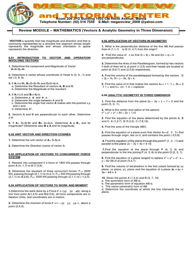 Vectors & Analytic Geometry Review 2023 | PDF | Euclidean Vector ...