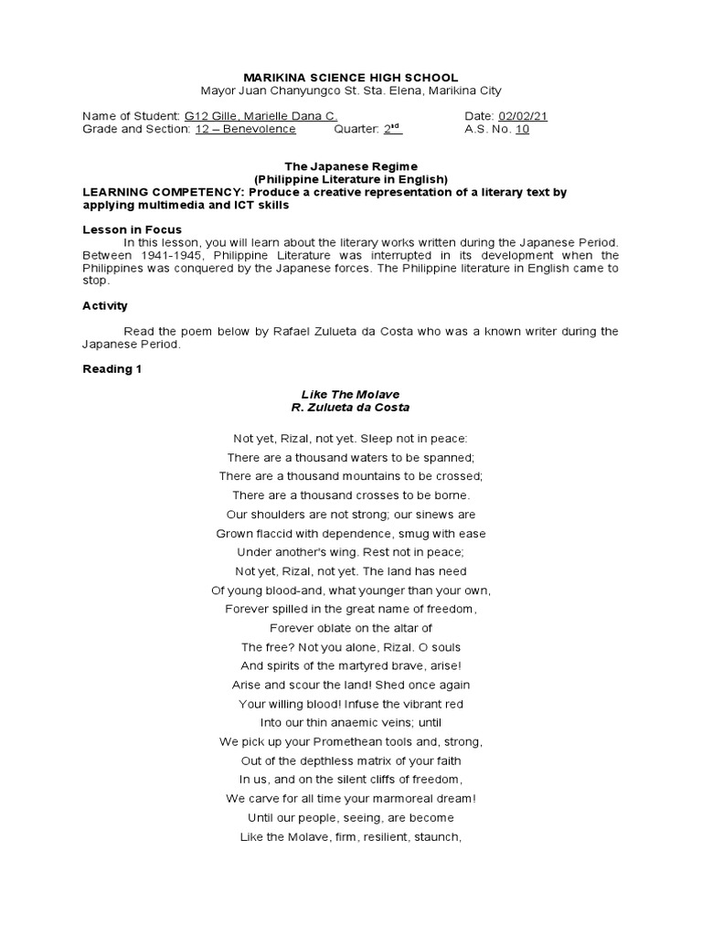Marikina Science High School: Like The Molave R. Zulueta Da Costa | PDF ...