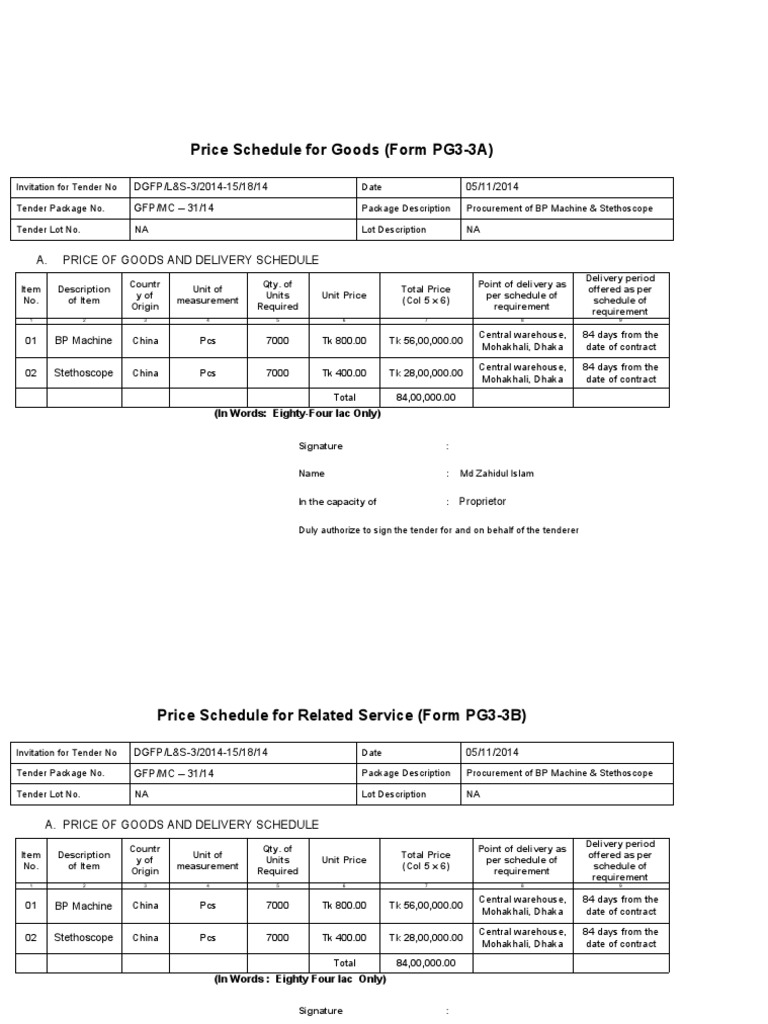 Tender Price Schedule for Goods | PDF | Supply Chain Management | Business
