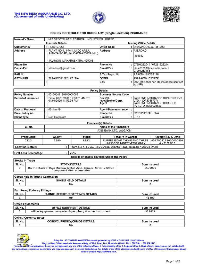 Policy Schedule For Burglary (Single Location) Insurance: AJANTA ROAD ...