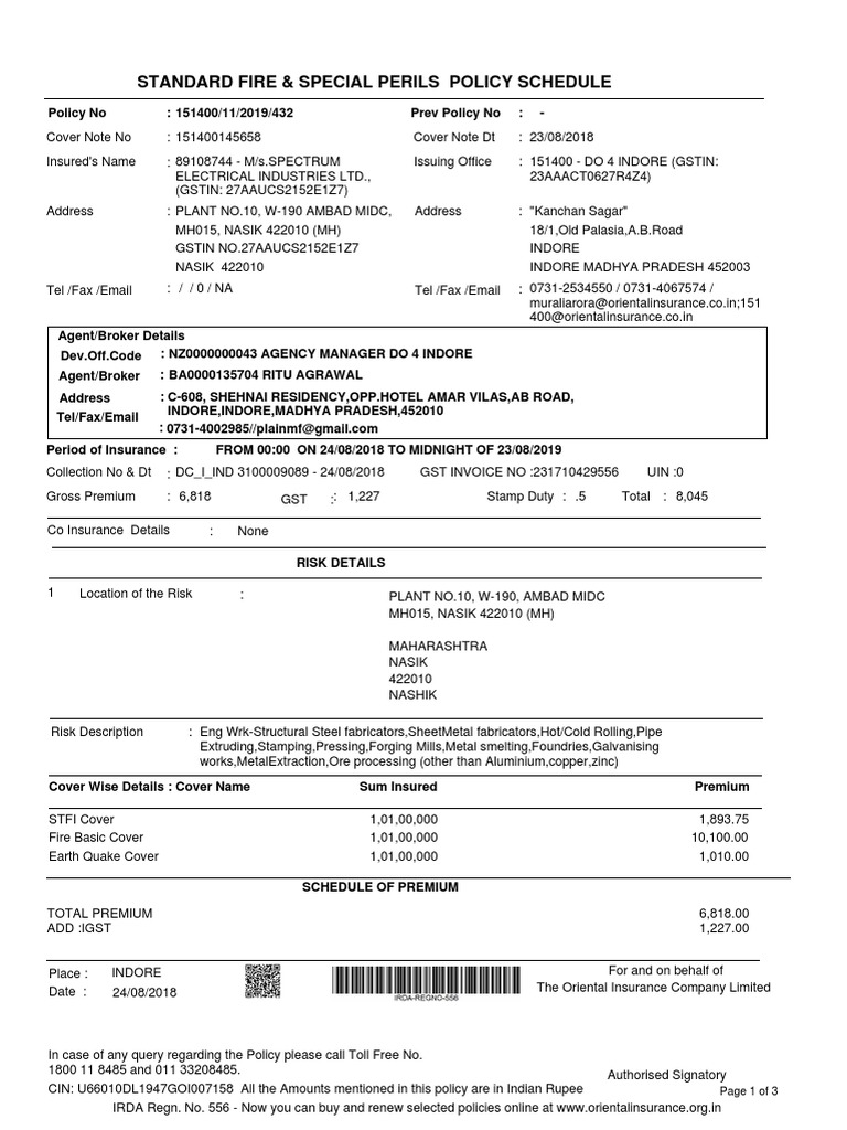 Standard Fire & Special Perils Policy Schedule: Page 1 of 3 | PDF ...