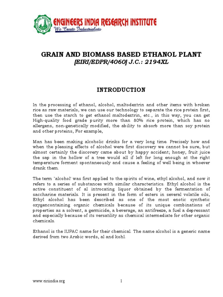 Project Report On Grain and Biomass Based Ethanol Plant | Download Free ...