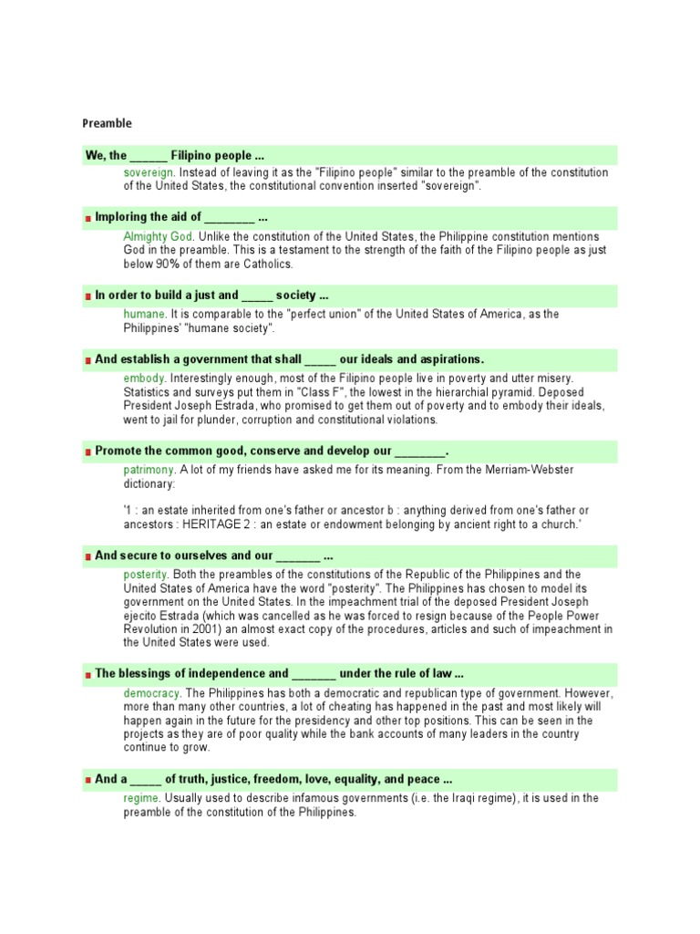 Preamble Quiz | PDF | Philippines | Constitution