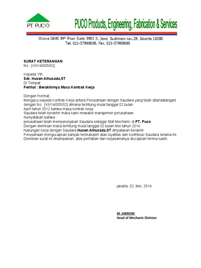 Surat Keterangan Kerja PT Puco | PDF