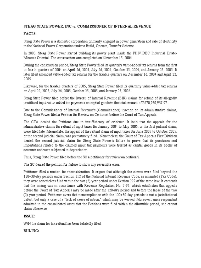 Steag State Power, Inc vs. Commissioner of Internal Revenue Facts | PDF ...