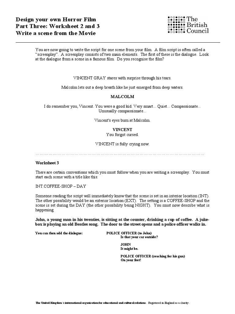 Design Your Own Horror Film Part Three: Worksheet 2 and 3 Write A Scene ...