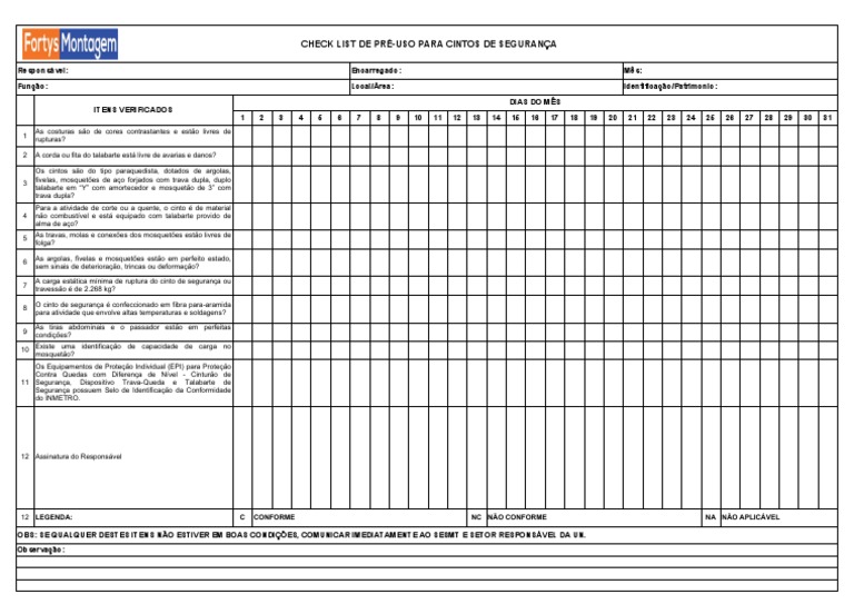 Check List Pré-Uso de Cinto de Segurança | PDF | Natureza
