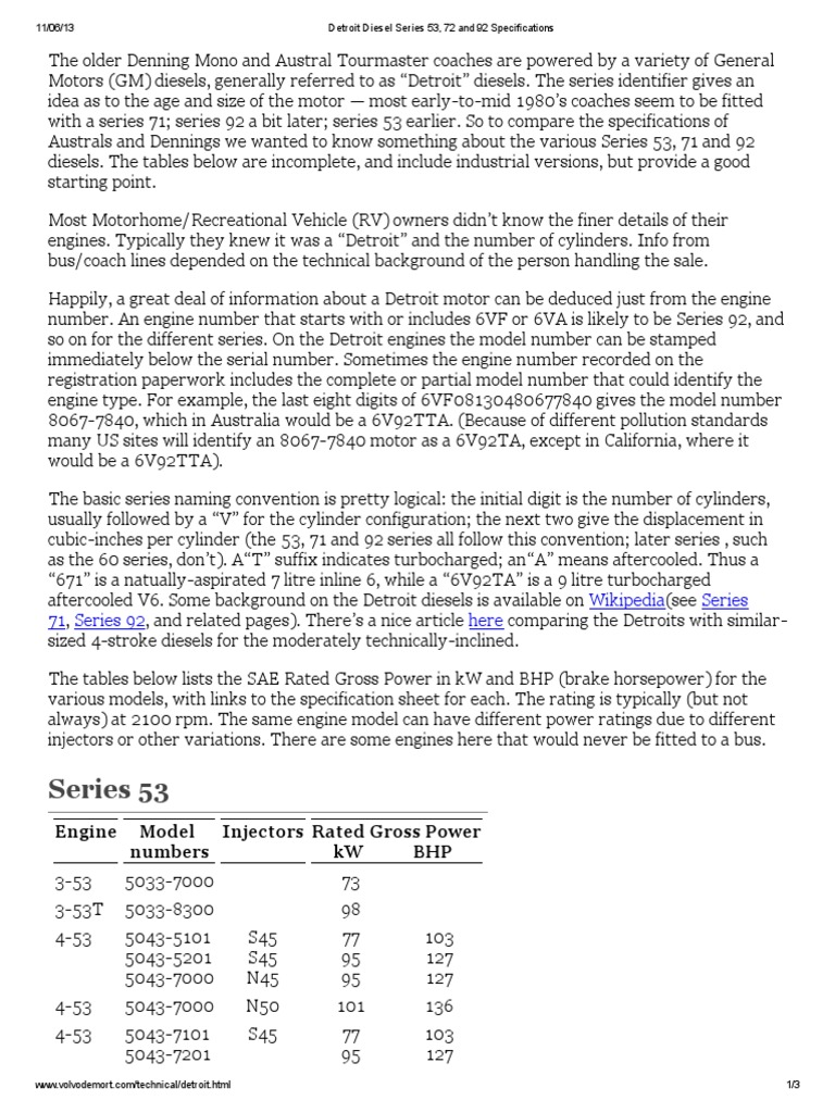 Detroit Diesel Series 53, 72 and 92 Specifications | PDF | Horsepower ...