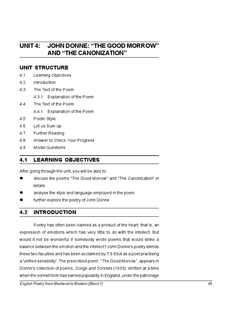 Unit 4 John Donne The Good Morrow N The Canonization | PDF | Poetry ...