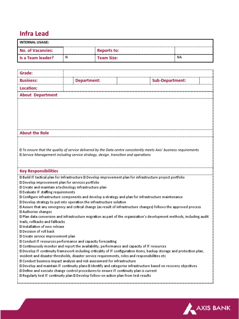 Infra Lead: No. of Vacancies: Reports To: Is A Team Leader? Team Size ...