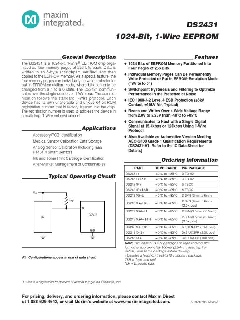 DS2431 1024-Bit, 1-Wire EEPROM: General Description Features | PDF ...