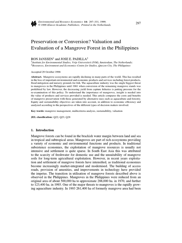 Preservation or Conversion? Valuation and Evaluation of A Mangrove ...