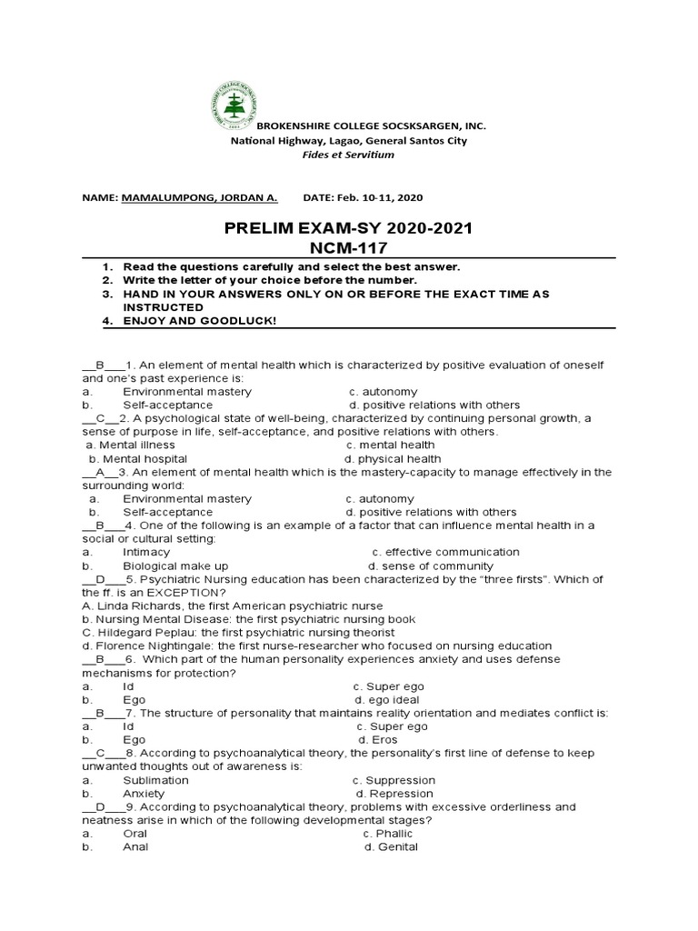 PRELIM EXAM-SY 2020-2021 NCM-117: Fides Et Servitium | PDF | Psychiatry ...