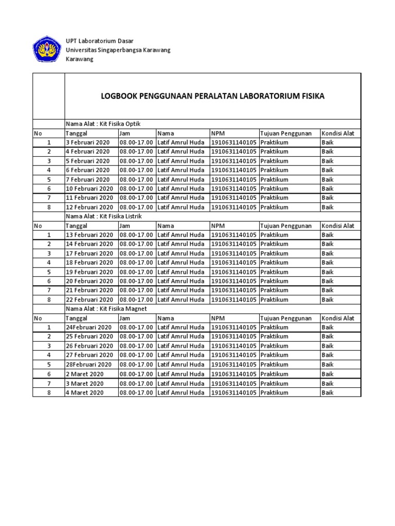 Logbook Penggunaan Alat Fisika | PDF