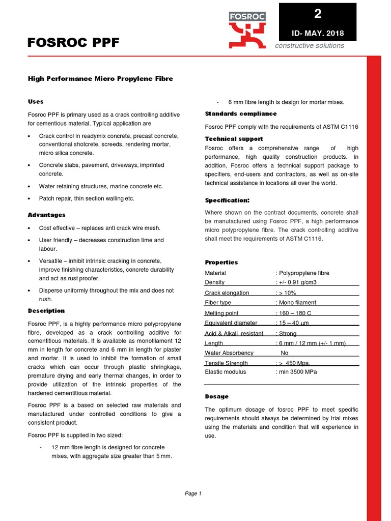 Fosroc PPF: High Performance Micro Propylene Fibre | PDF | Fibers ...