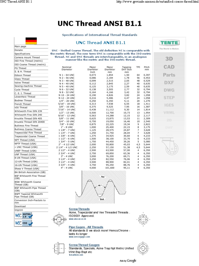 UNC Thread ANSI B1.1 Specs | PDF | Cutting Tools | Screw