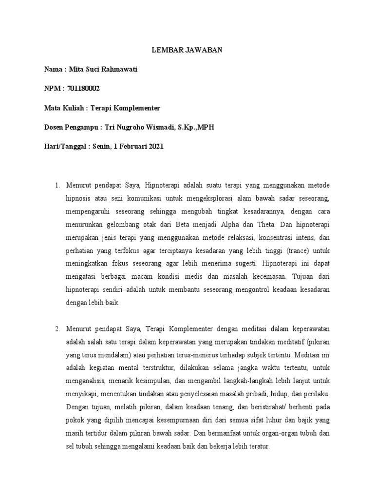 Lembar Jawaban Terapi Komplementer (UAS) Mita Suci R 701180002 | PDF | Pengembangan Diri