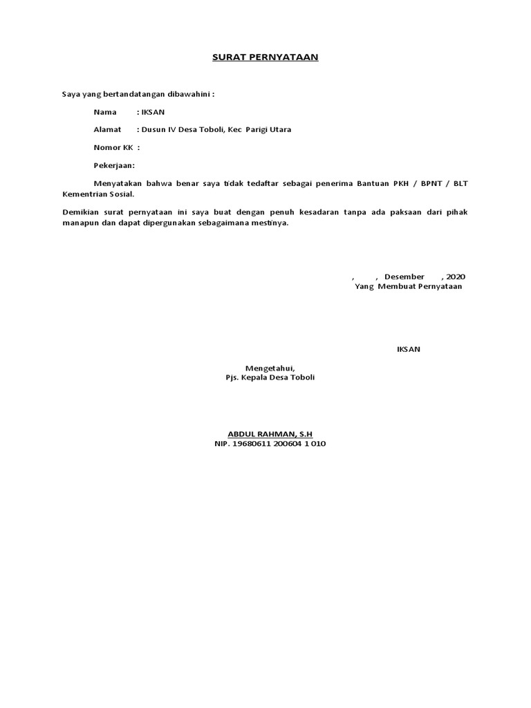 Surat Pernyataan Penerima BLT | PDF