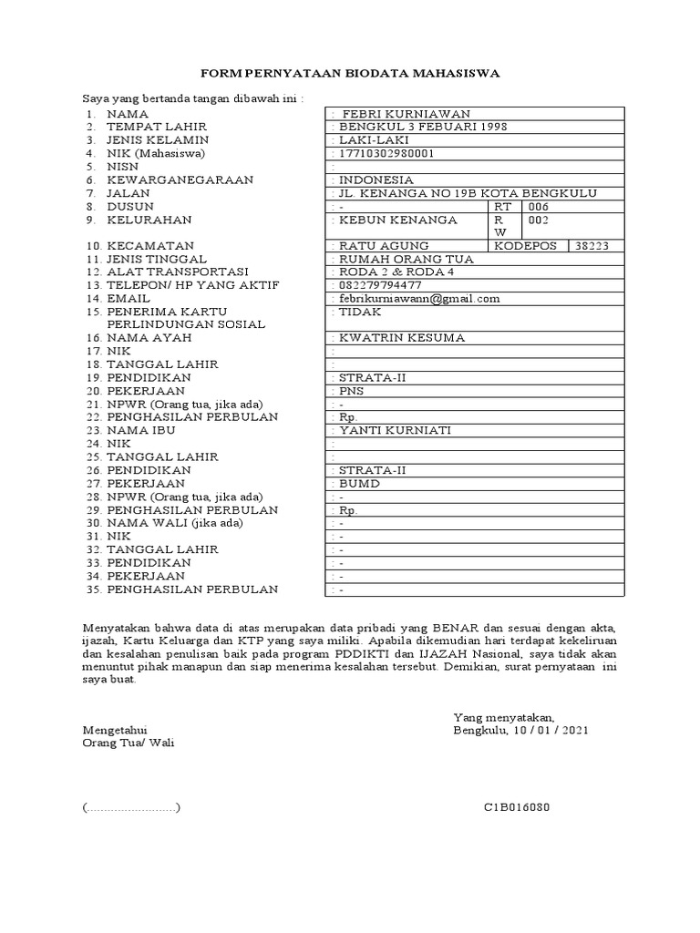 Form Biodata Mahasiswa (Kompre) | PDF