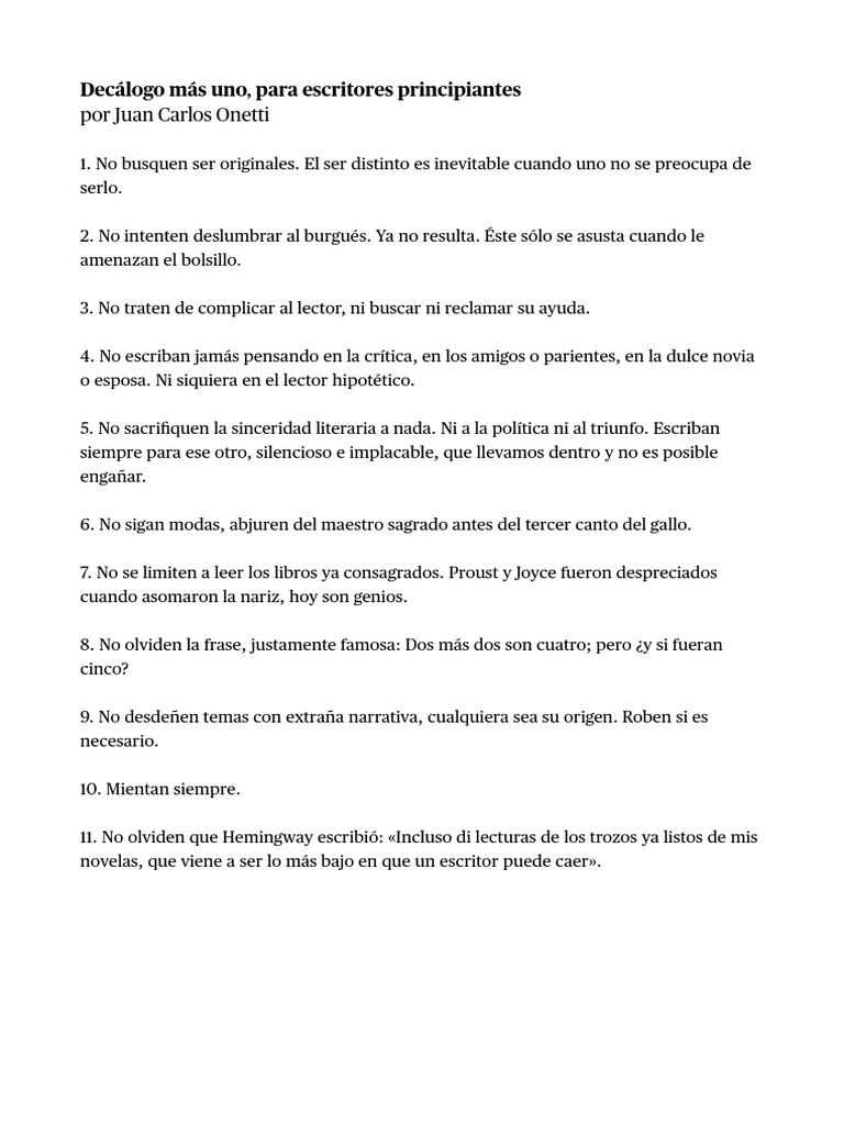 Decálogo Más Uno Por Onetti | PDF | Ficción general