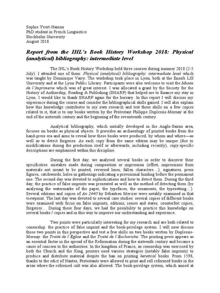 Report From The IHL's Book History Workshop 2018: Physical (Analytical) Bibliography ...