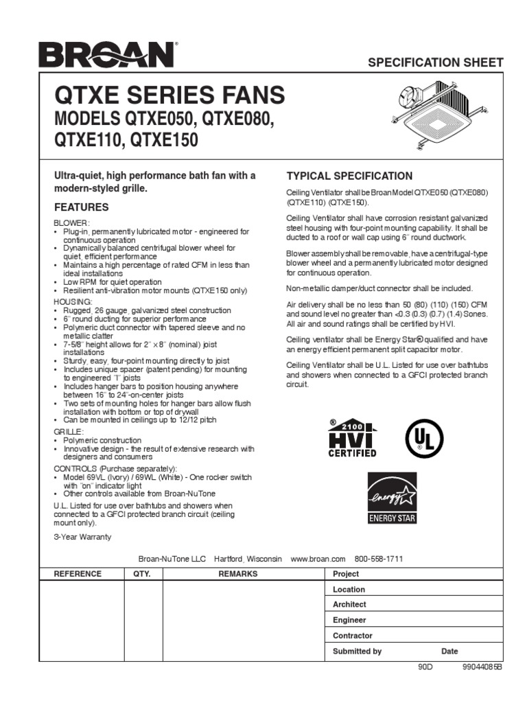 Broan Qtxe150 Submittal Sheet | PDF | Duct (Flow) | Building Engineering