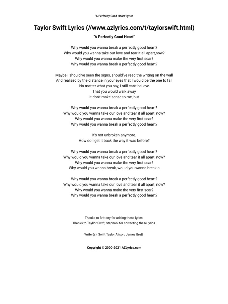 Taylor Swift - A Perfectly Good Heart Lyrics | PDF