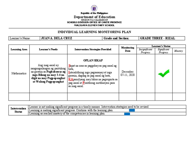 Sample Individual Learning Monitoring Plan | PDF