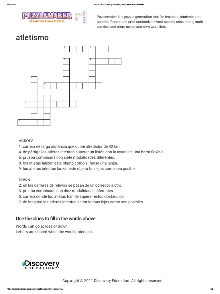 Criss Cross Puzzle Discovery Education Puzzlemaker 2 PDF