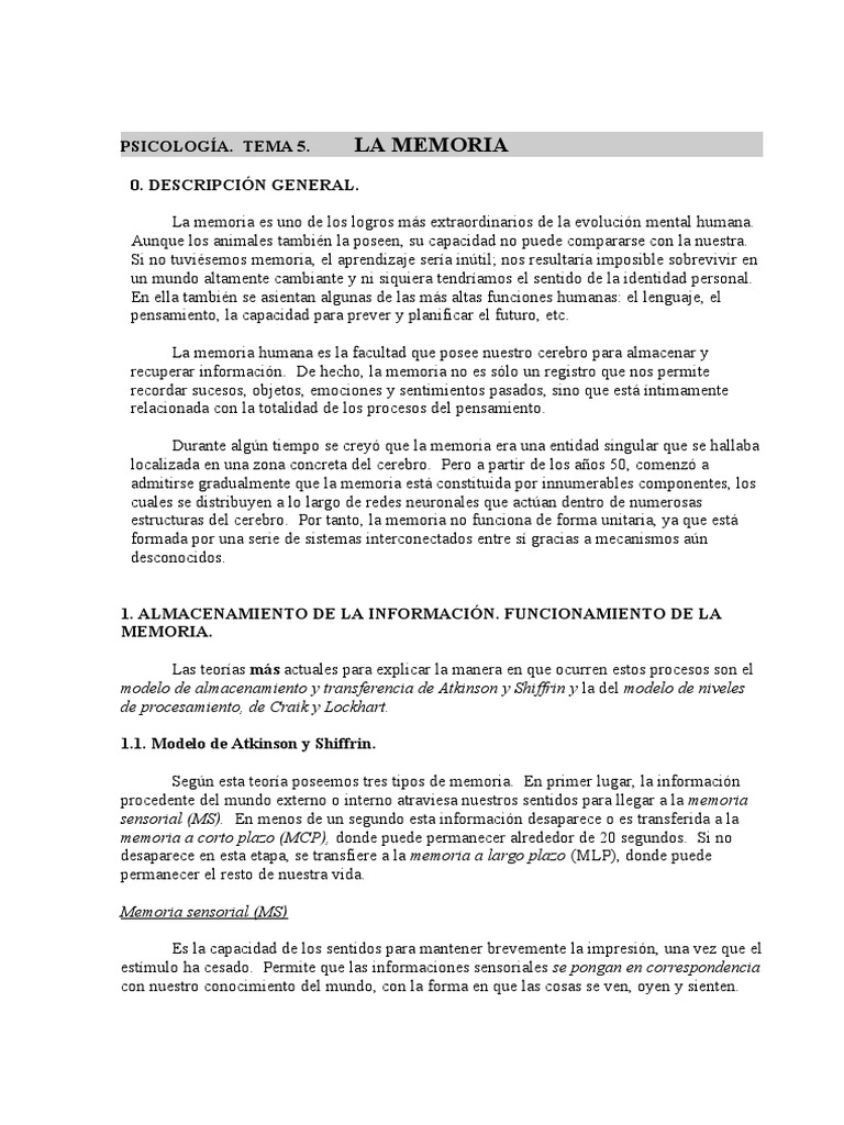 Tema 5. La Memoria | PDF | Amnesia | Memoria