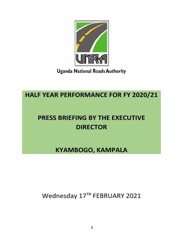 UNRA Half Year Performance For Fy 2020-21 | PDF | World Bank | Road